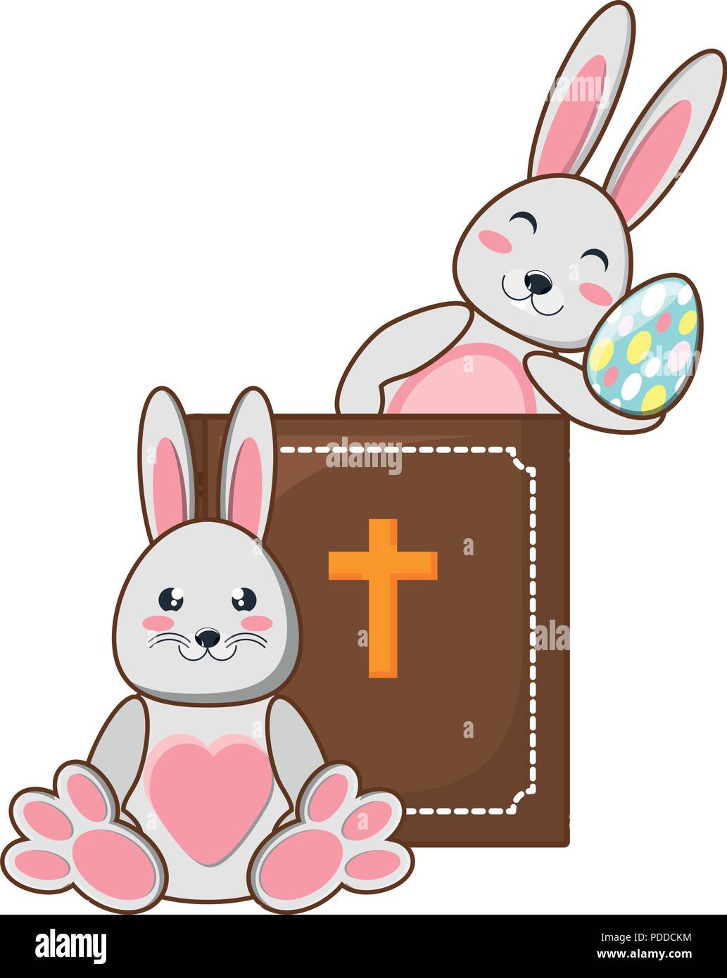 holy bible and cute rabbits with easter eggs over white background ...