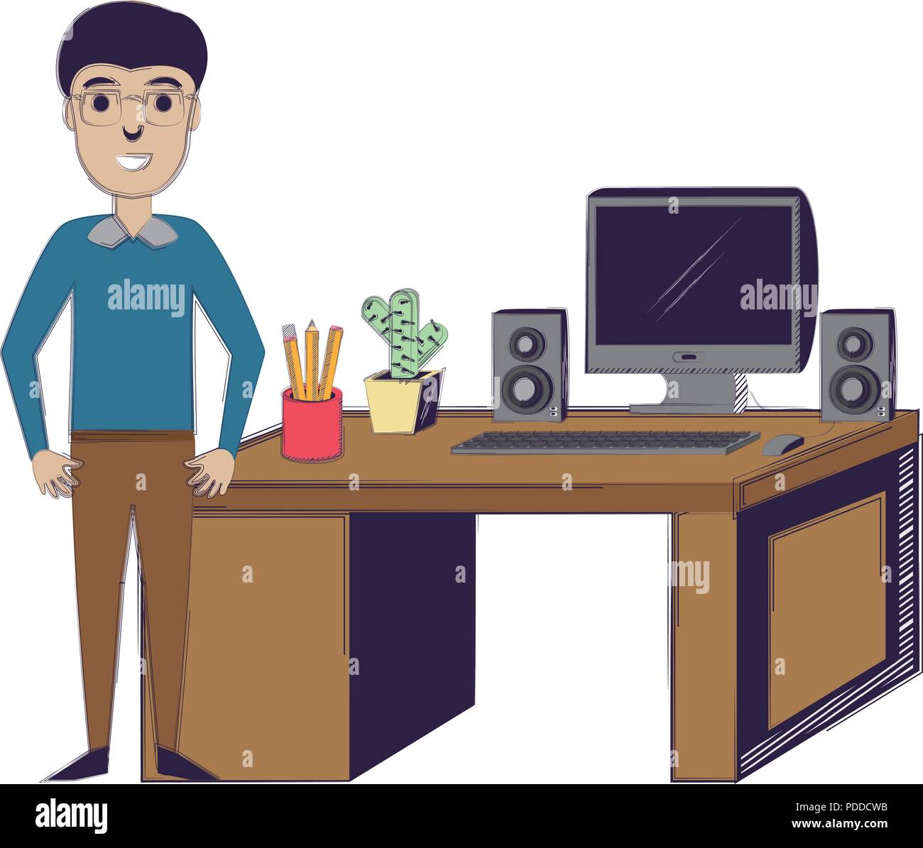 Designer man at the office with desk with computer and decorative ...