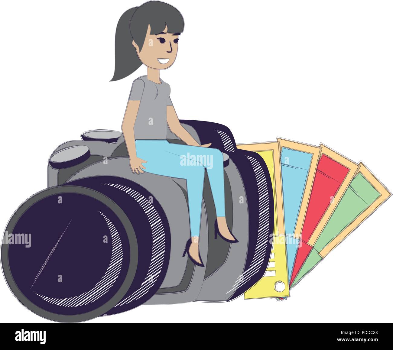 color picker and cartoon designer woman sitting on a camera over white ...