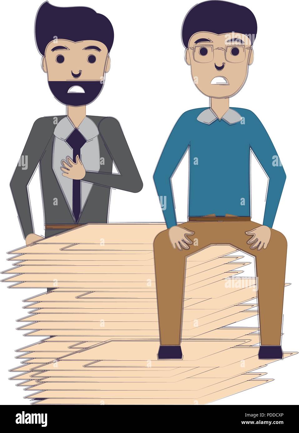 cartoon businessman and man sitting on stack of papers over white ...