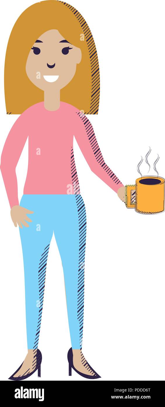 cartoon woman with a coffee mug over white background, vector ...