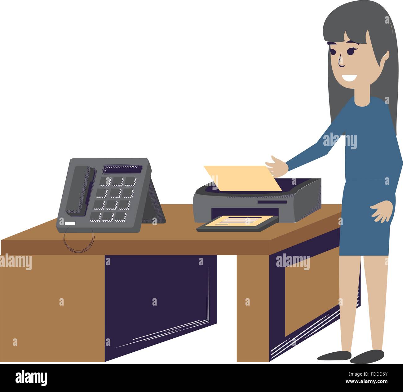 cartoon businesswoman at the office with desk with printer and phone ...