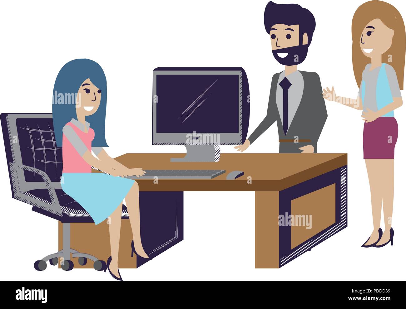 cartoon designer woman at the office with business people over white ...