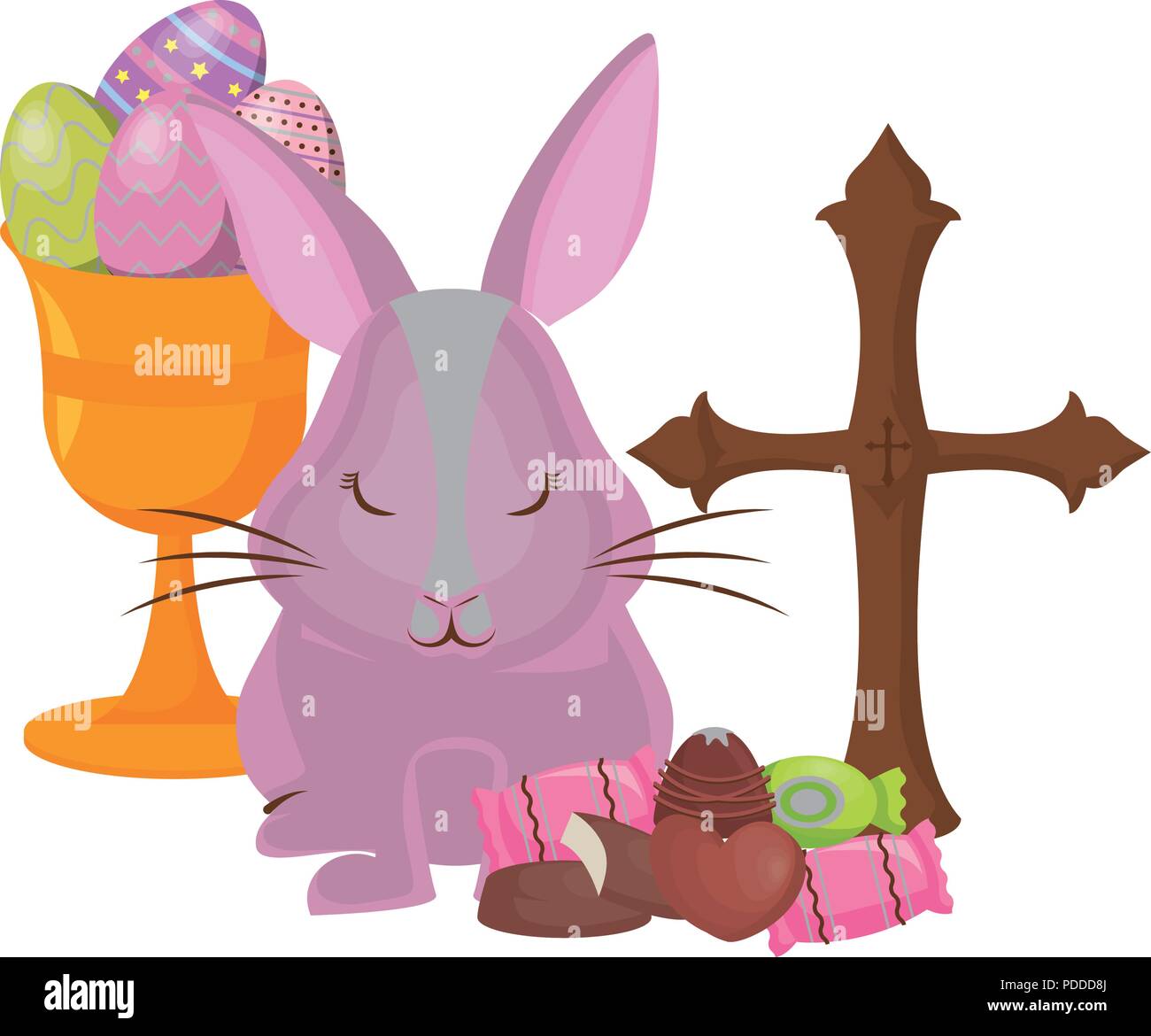 religious cross with cute rabbit and holy grail with candies over white ...