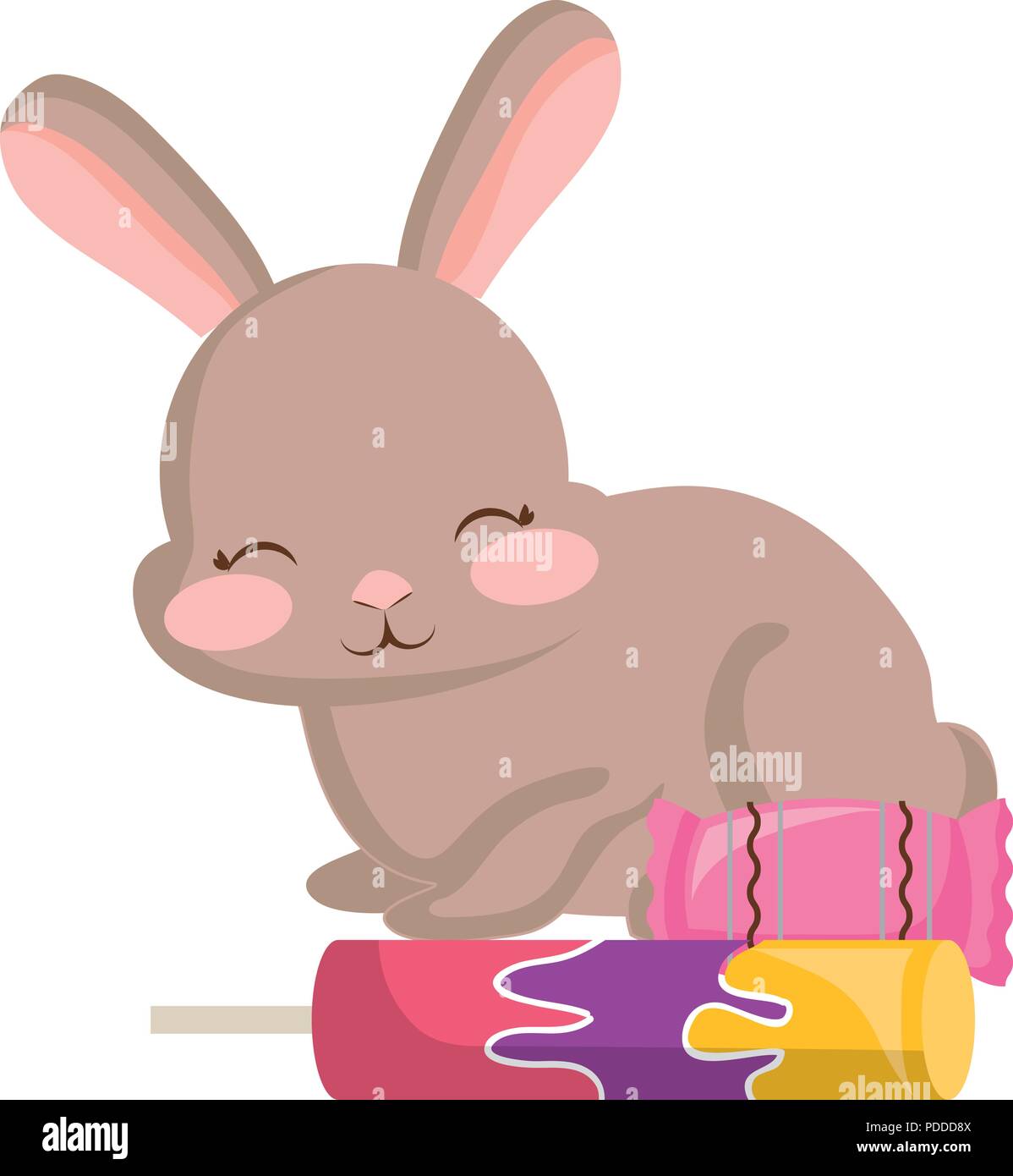 cute rabbits with candies over white background, vector illustration ...