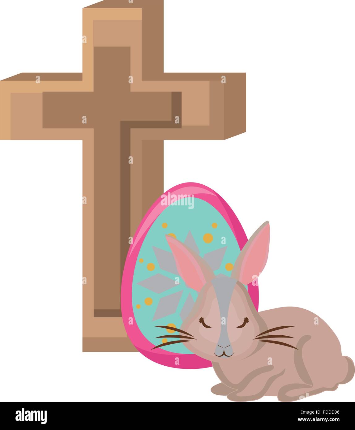 Christian cross with easter egg and cute bunny over white background ...