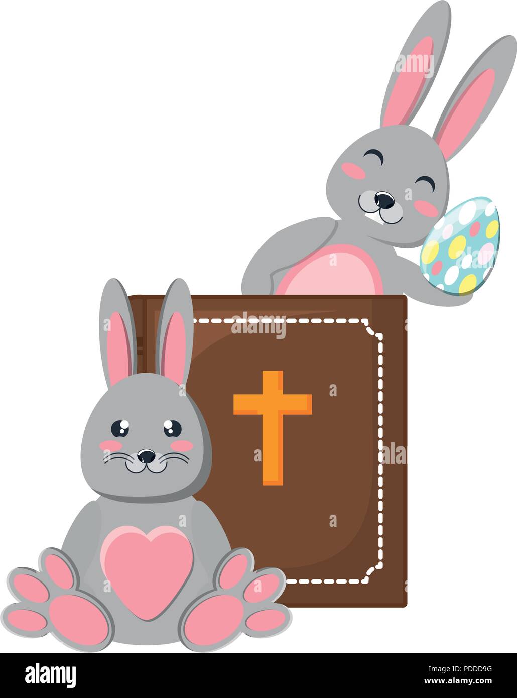 holy bible and cute rabbits with easter eggs over white background ...