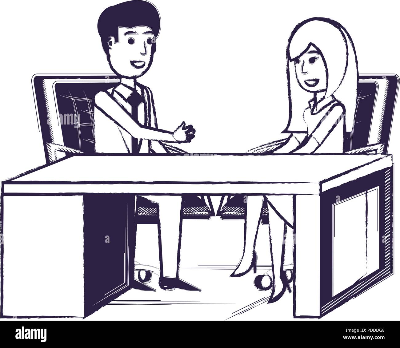 cartoon businessman at the office with a woman talking over white ...