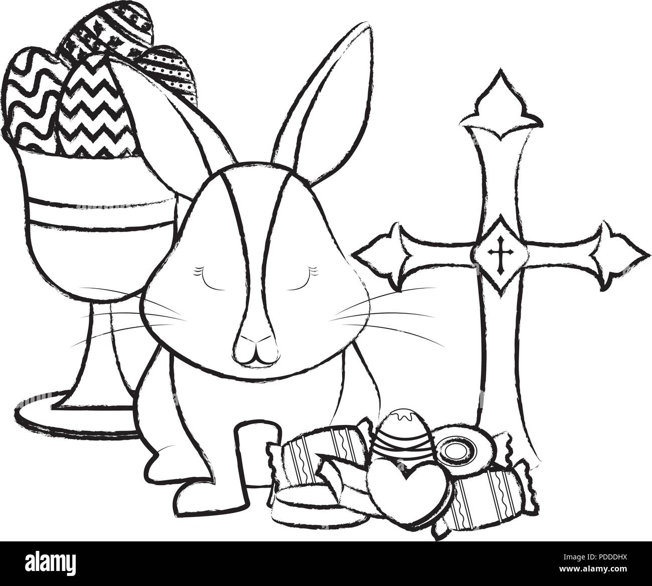 religious cross with cute rabbit and holy grail with candies over white ...