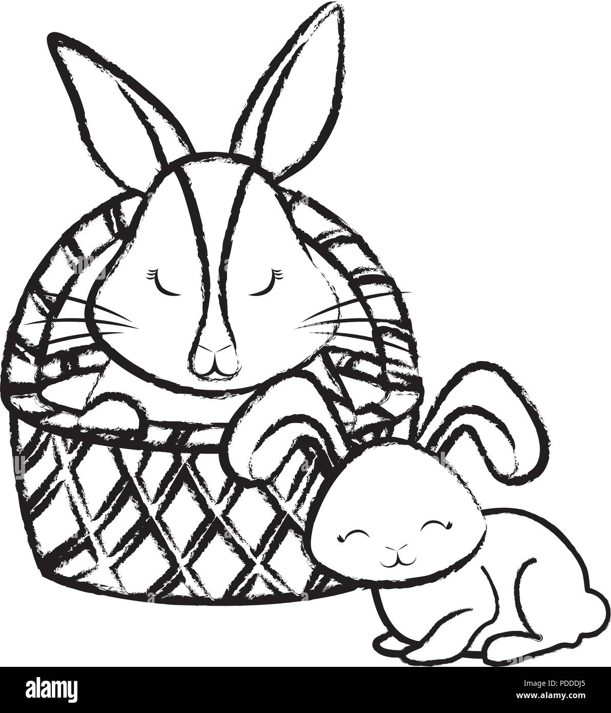 basket with cute rabbits over white background, vector illustration ...