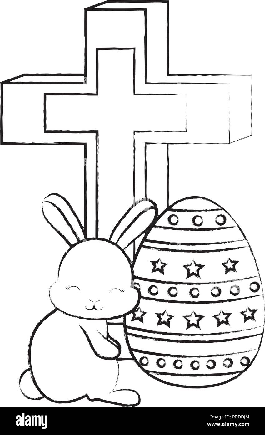 Christian cross with easter egg and cute bunny over white background ...