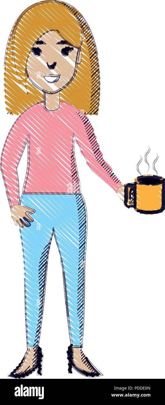 cartoon woman with a coffee mug over white background, vector ...