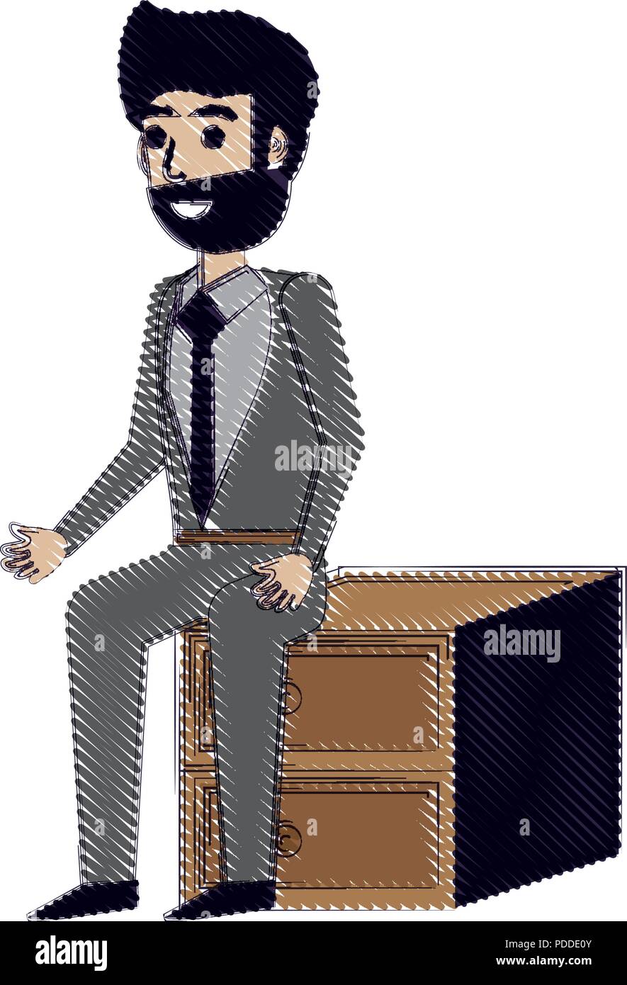cartoon businessman sitting on drawers over white background, vector ...