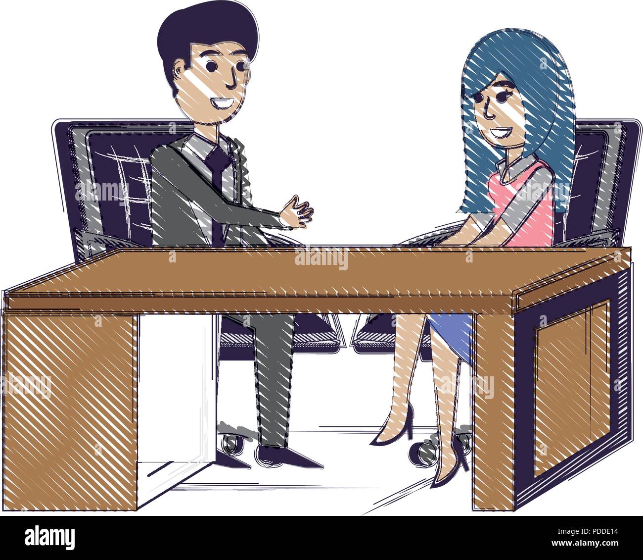 cartoon businessman at the office with a woman talking over white ...