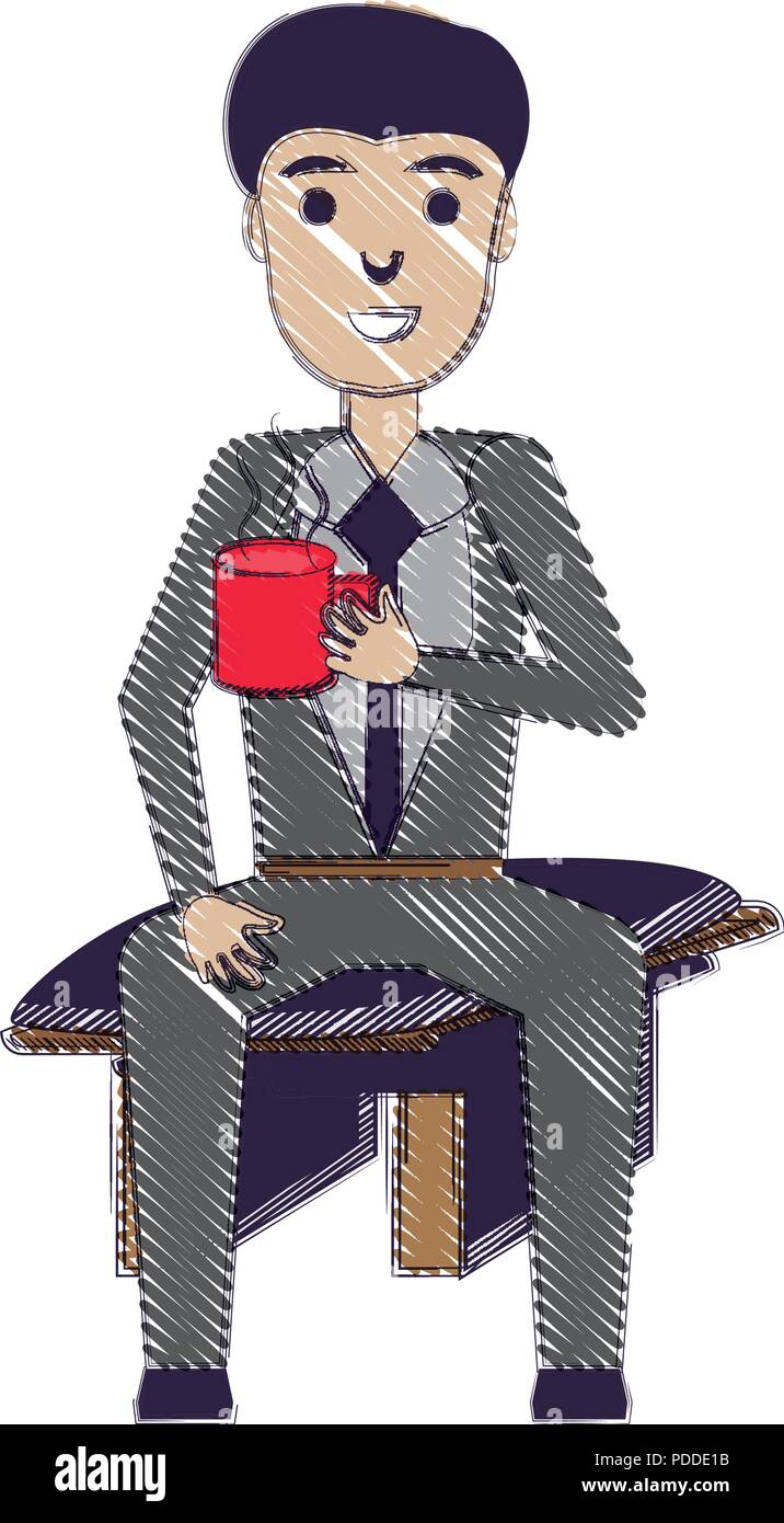 cartoon businessman sitting and holding a coffee mug over white ...
