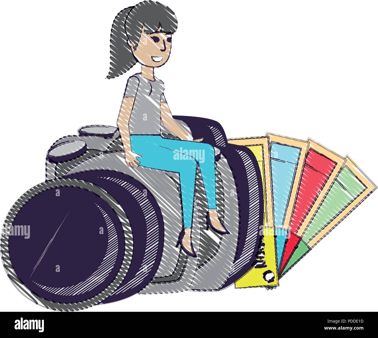 color picker and cartoon designer woman sitting on a camera over white ...