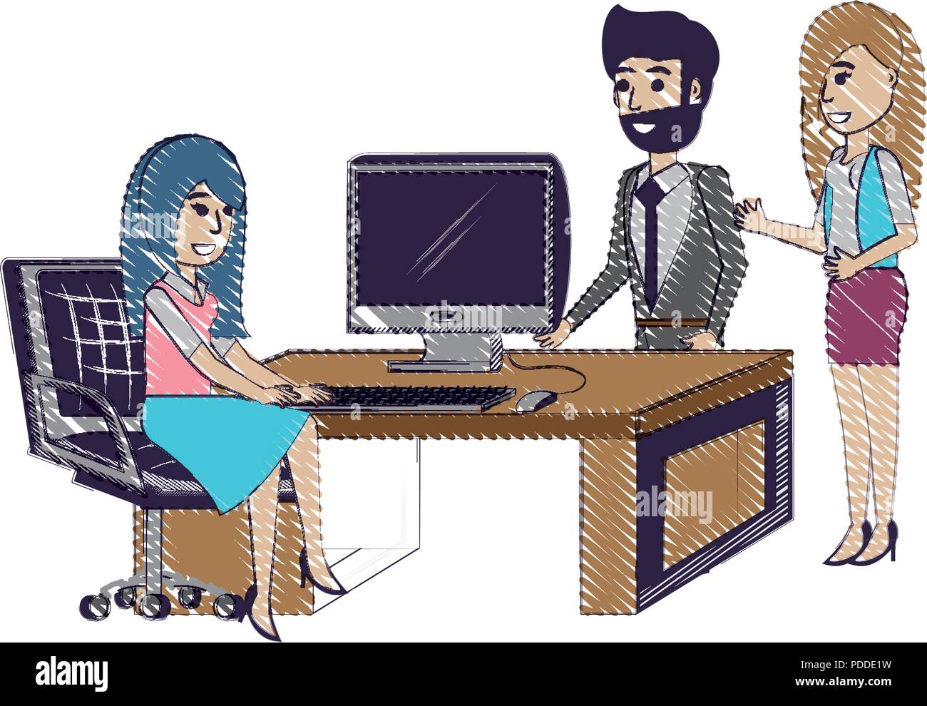 cartoon designer woman at the office with business people over white ...