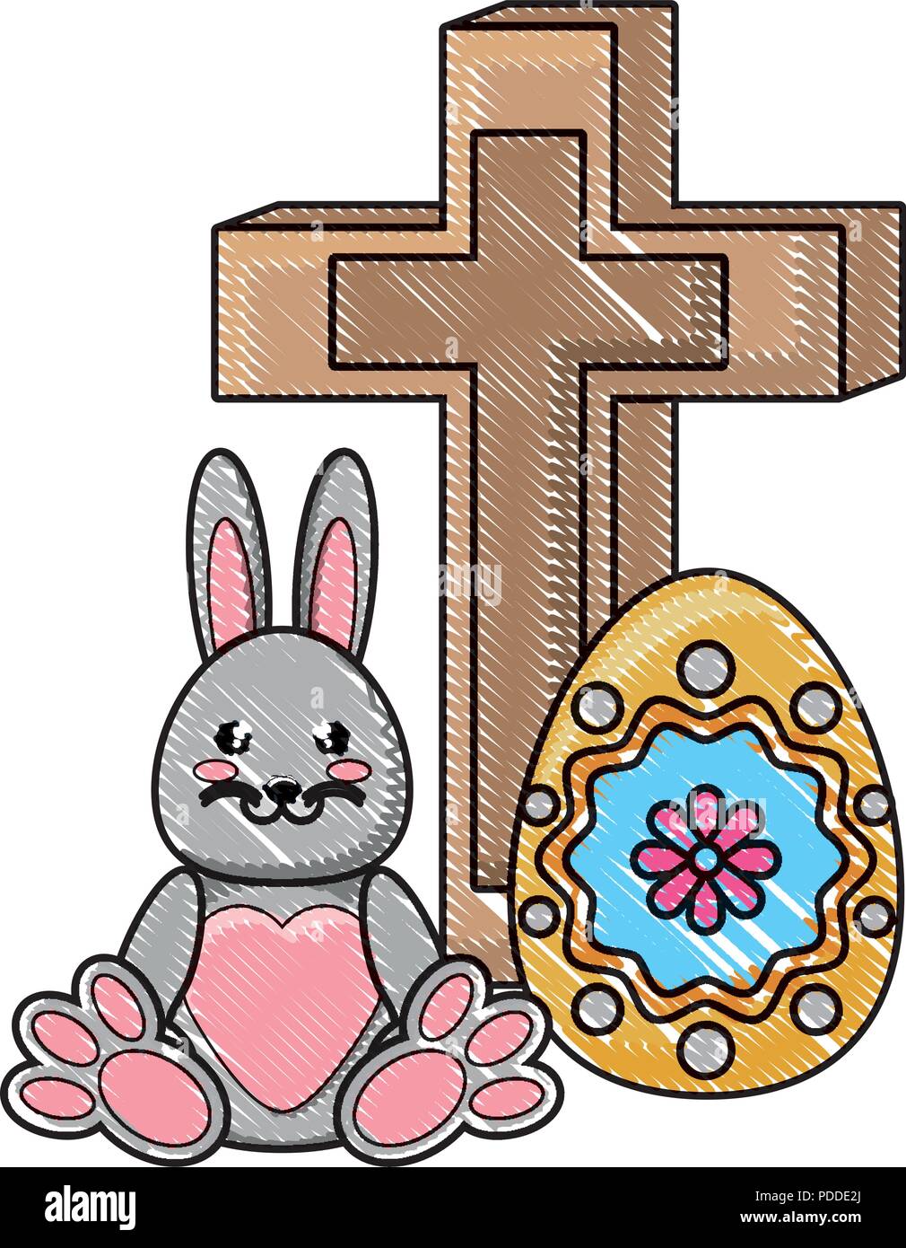 Christian cross with easter egg and cute bunny over white background ...
