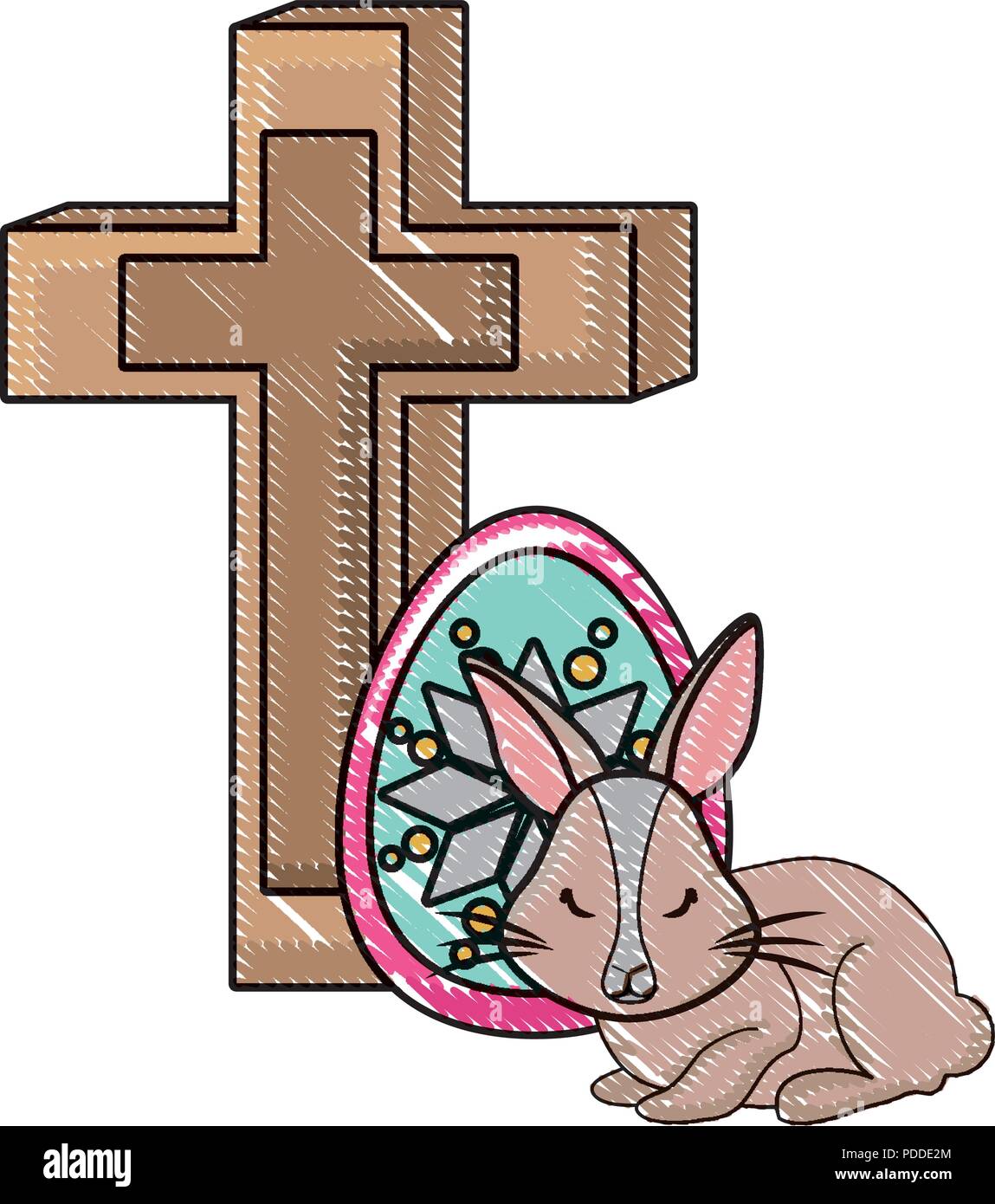Christian cross with easter egg and cute bunny over white background ...