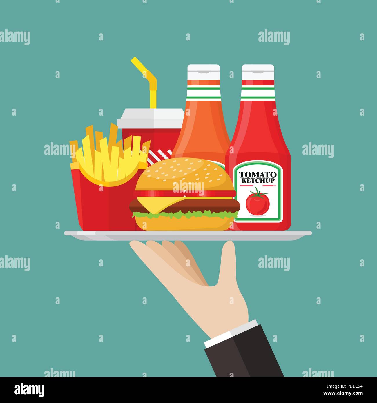 Waiter serving a fast food with sauce. Flat style vector illustration ...