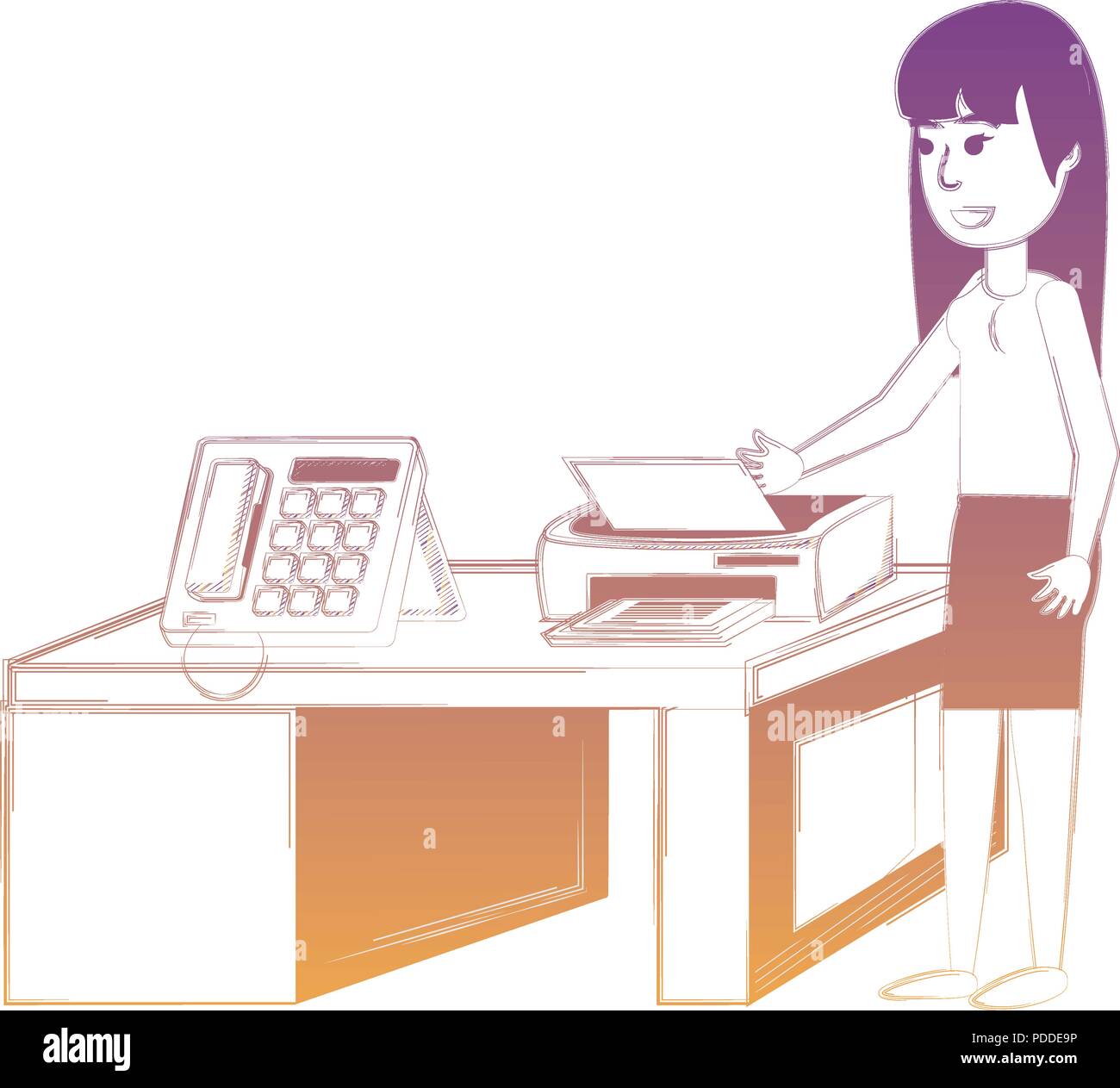 cartoon businesswoman at the office with desk with printer and phone ...
