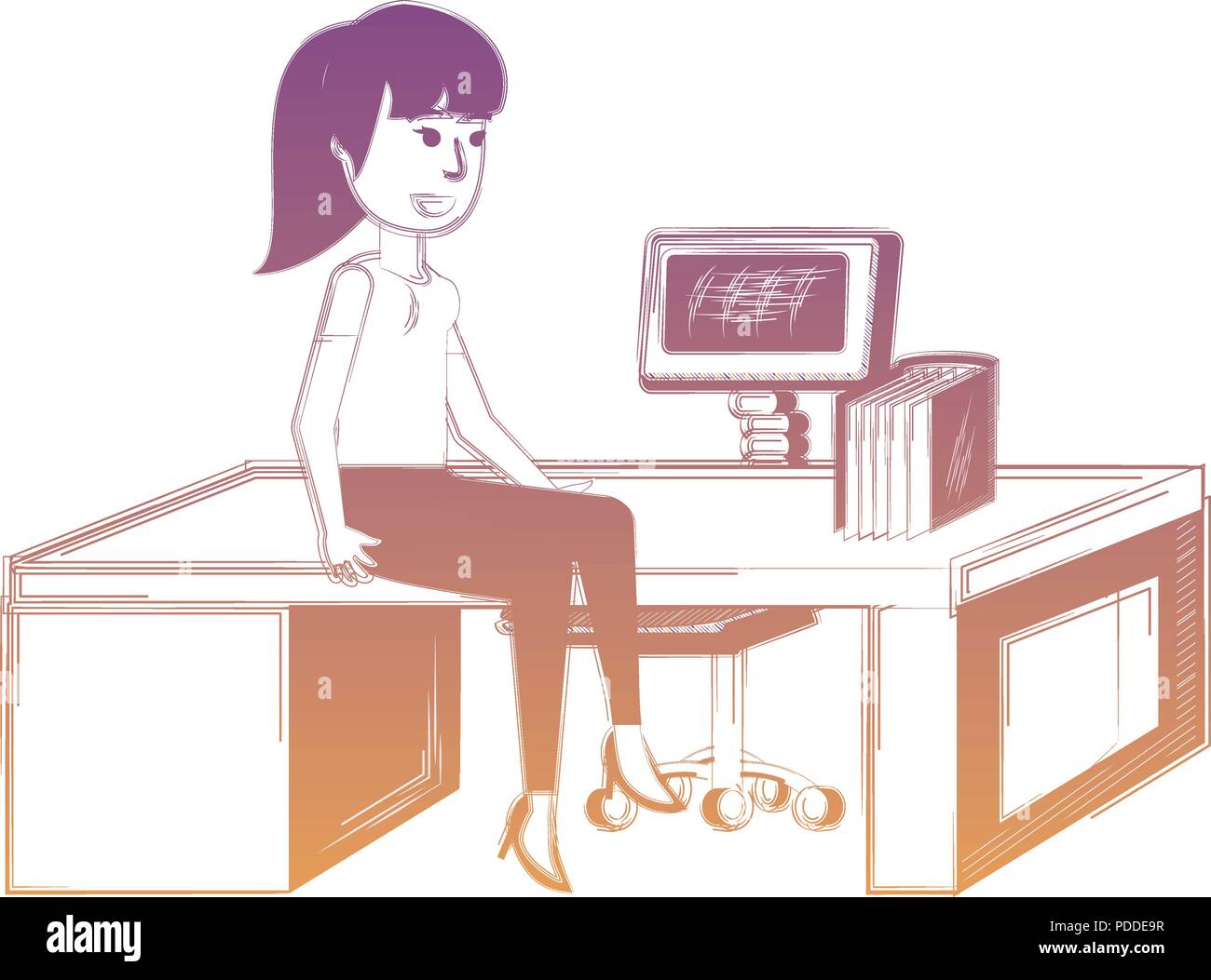 cartoon businesswoman sitting on the office desk over white background ...