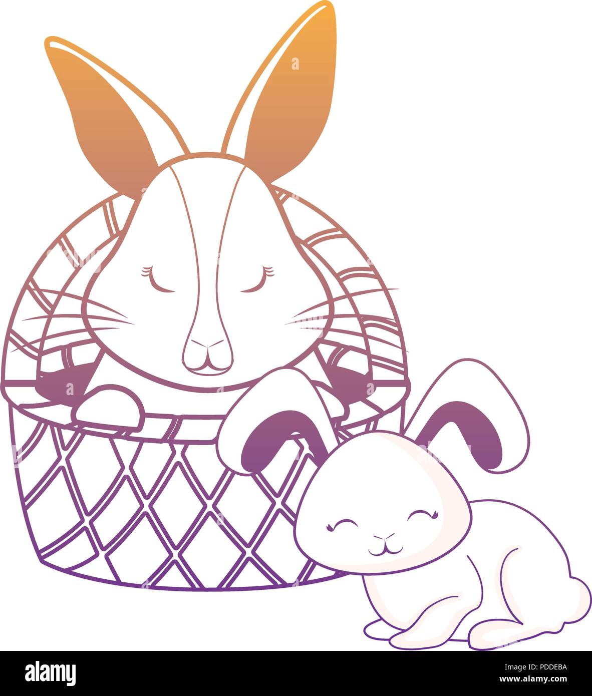 basket with cute rabbits over white background, vector illustration ...