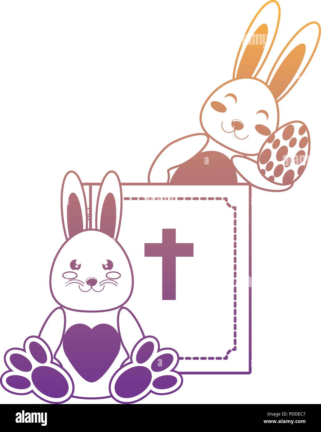 holy bible and cute rabbits with easter eggs over white background ...