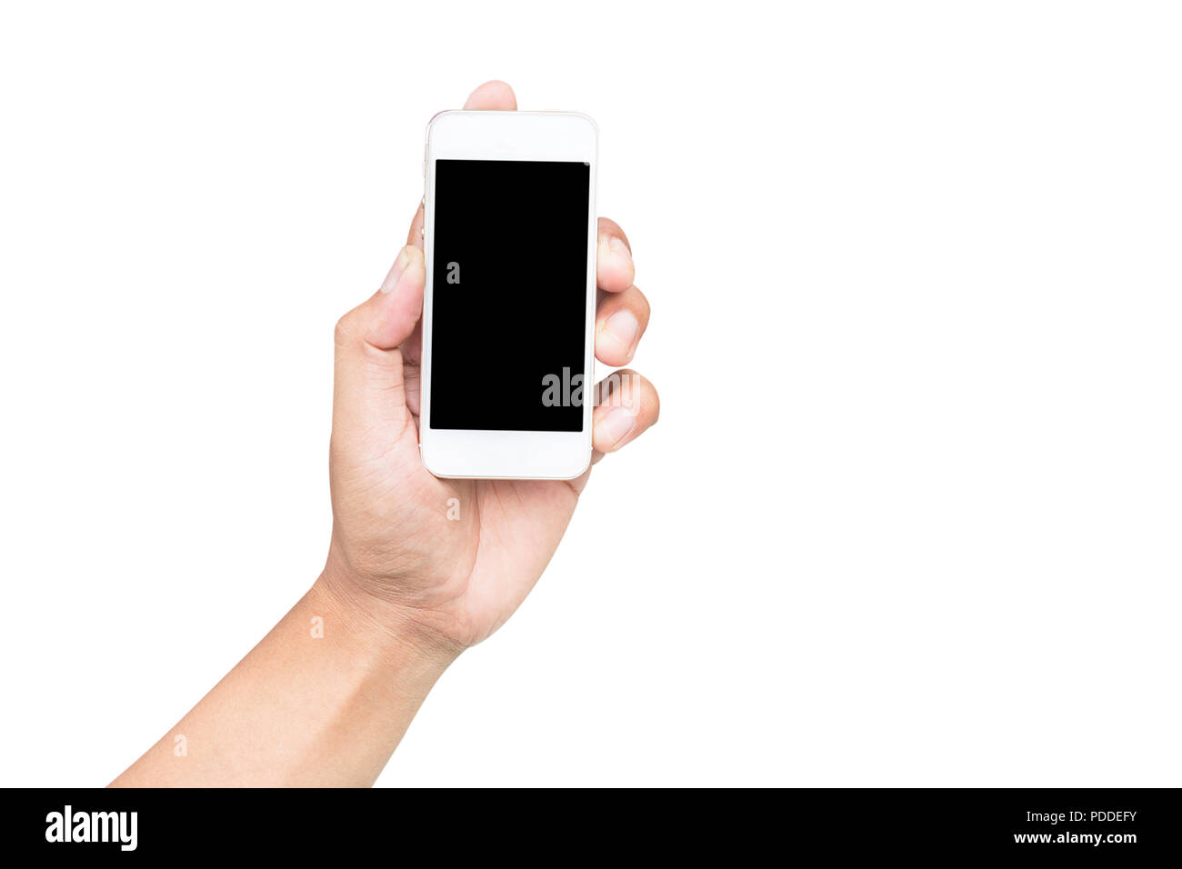 Hand holding mobile phone on white background Stock Photo - Alamy