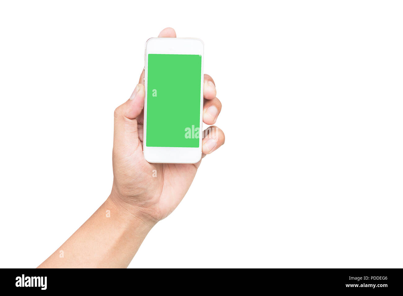 Hand shows mobile smartphone with green screen in vertical position ...