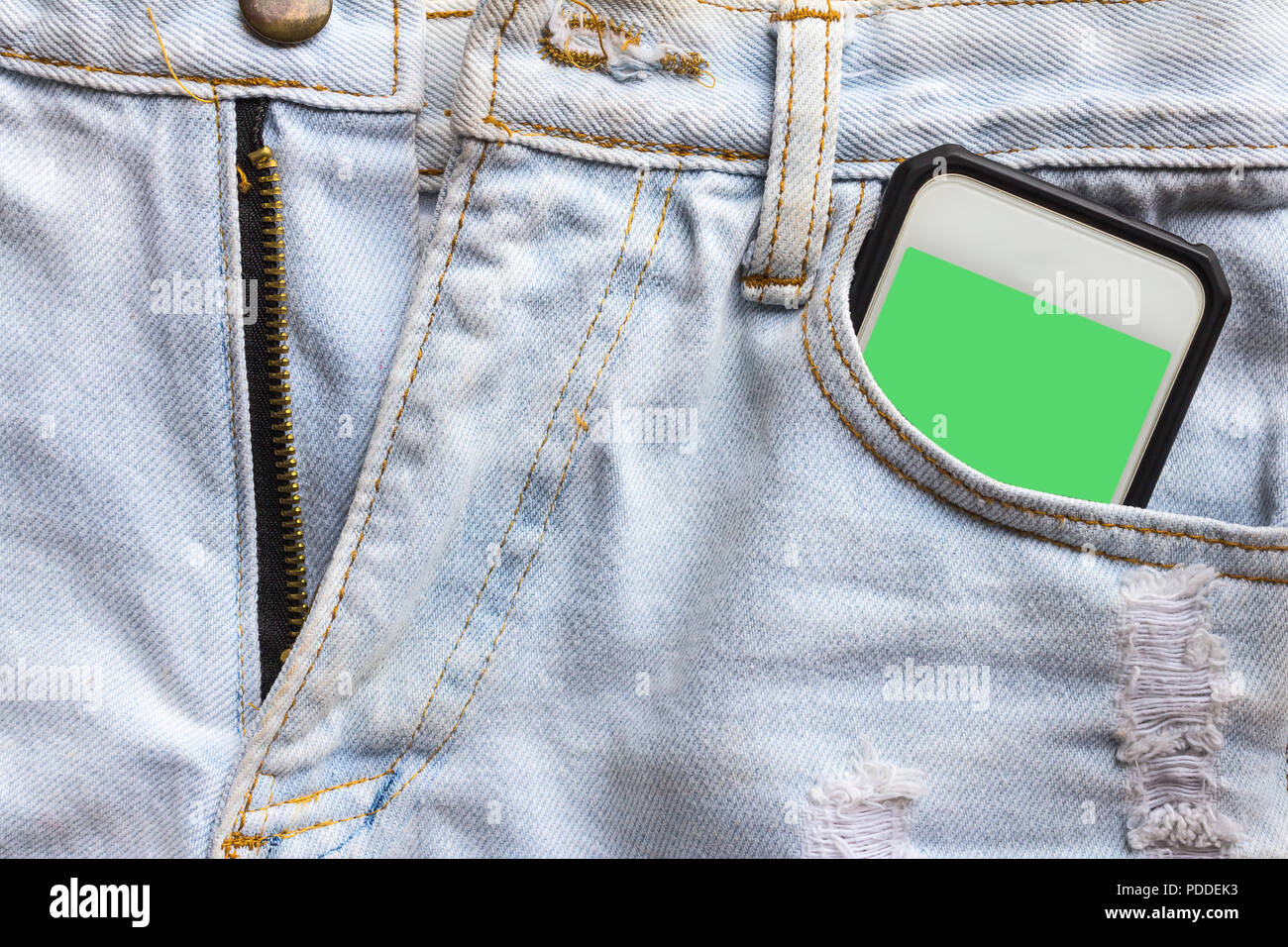 jeans and mobile phone green screen. Phone in your pocket jeans Stock ...