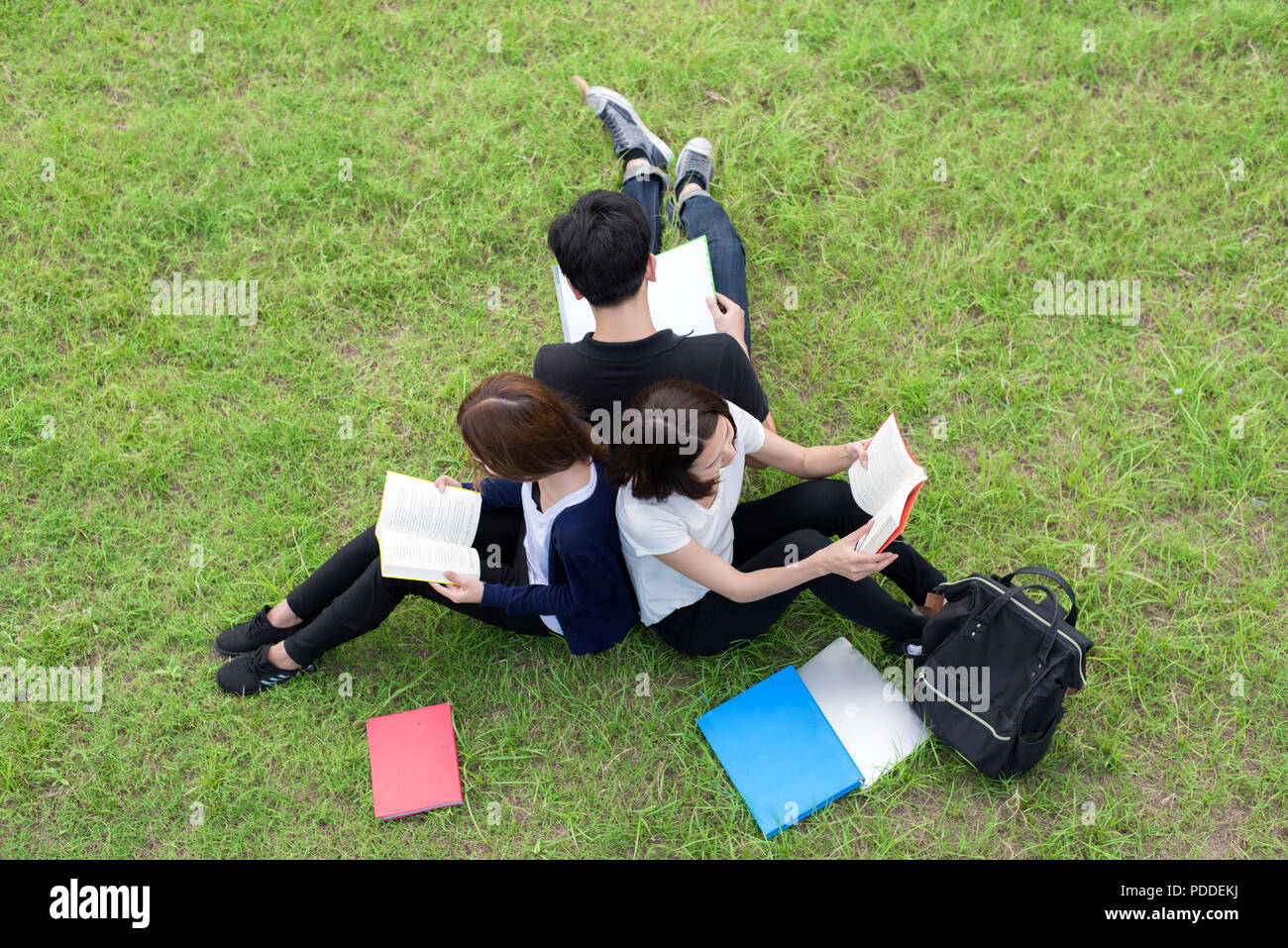 Top view of group of Asian students sitting together at park ...