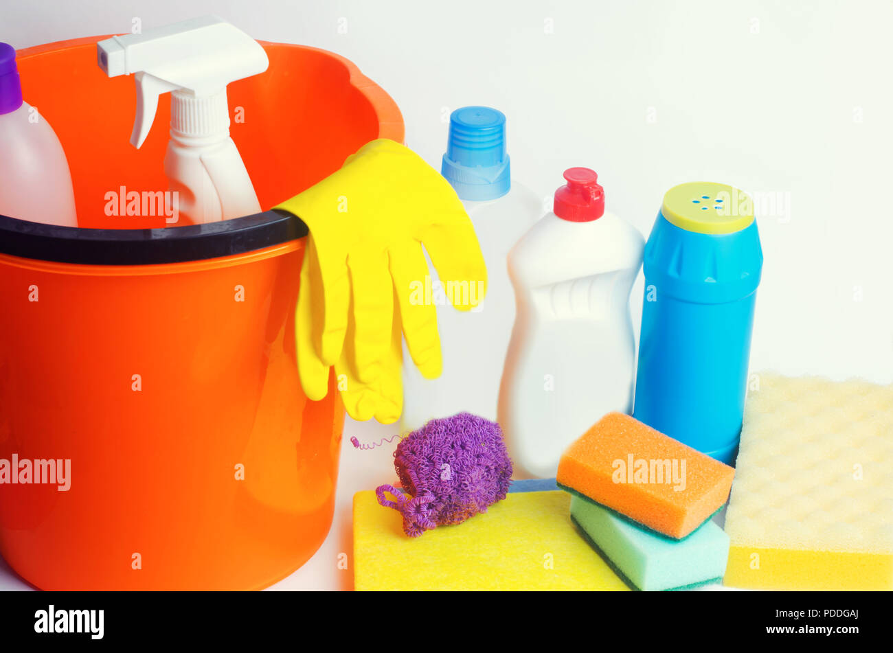 Cleaners on an isolated white background, housekeeping , supplies ...
