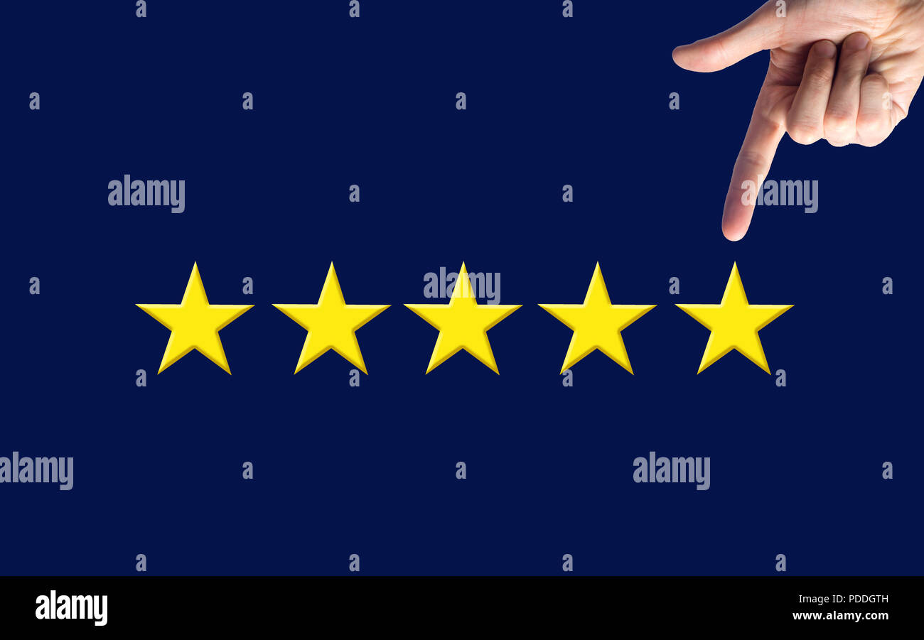 A man's hand points to the fifth star. Quality status is five stars. A ...