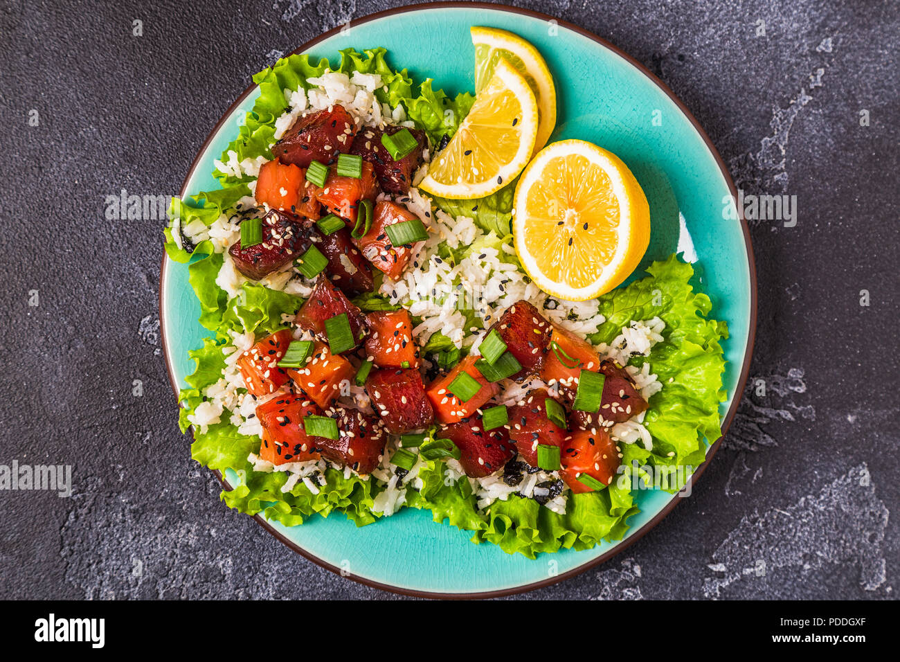 Poke, traditional Hawaiian raw fish salad, top view Stock Photo - Alamy
