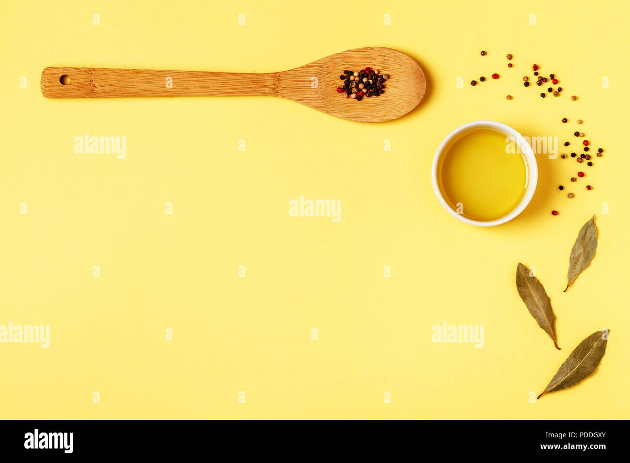 Flat lay pastel tone background. Ingredients for cooking on a yellow ...