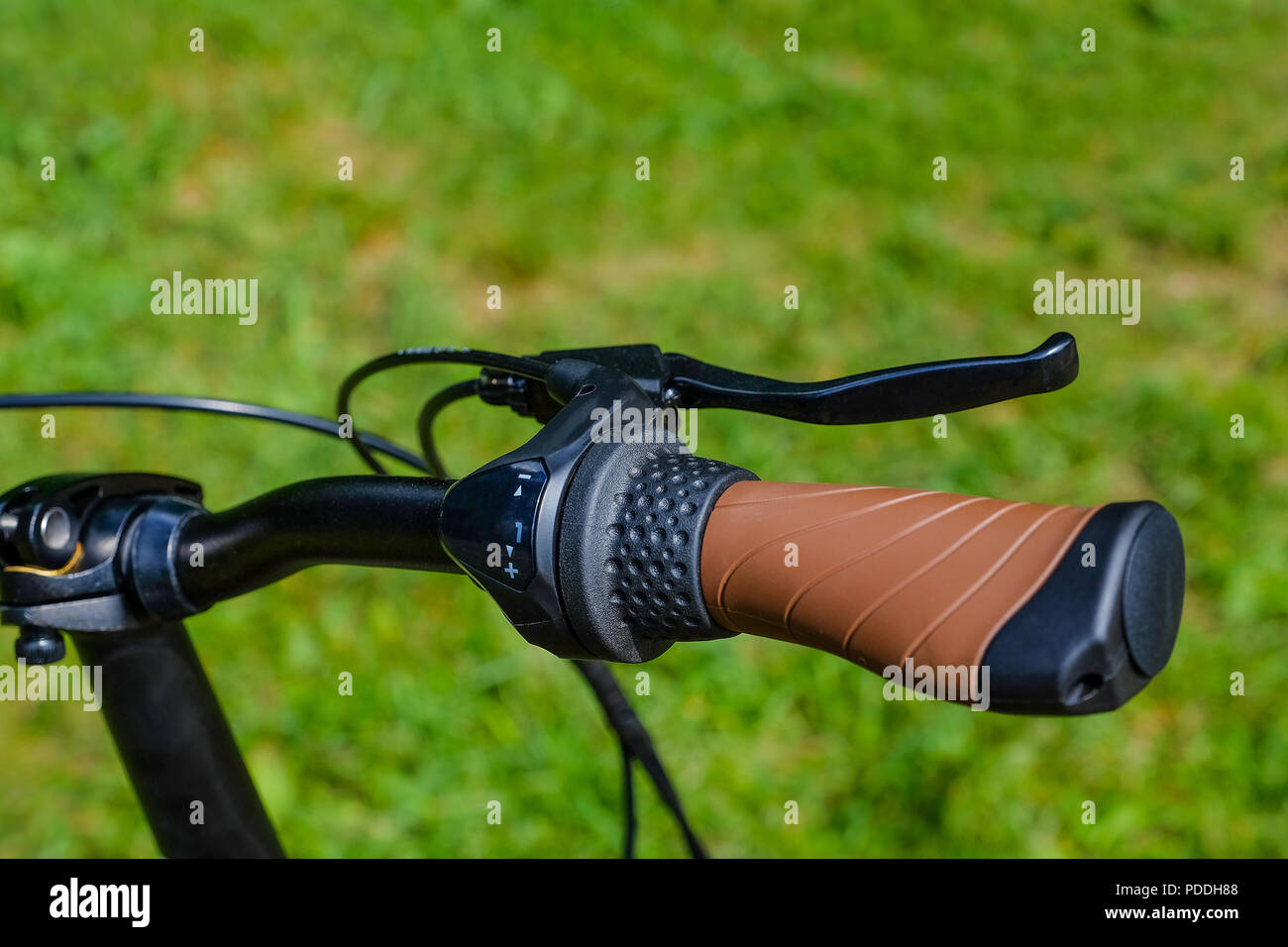 the handlebars of the Bicycle. the brake handle. speed switches Stock ...