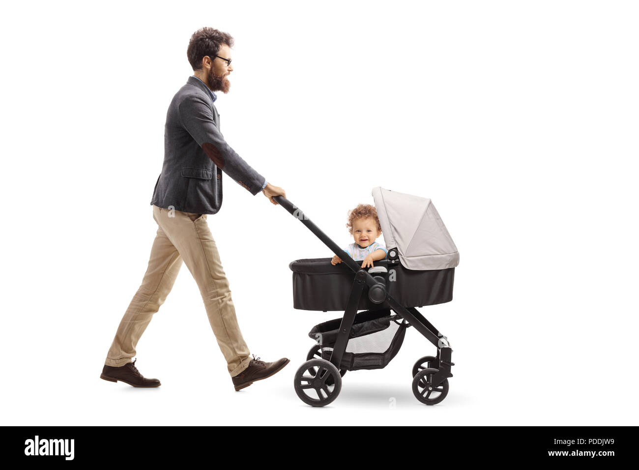 Full length profile shot of a father pushing a baby stroller isolated ...