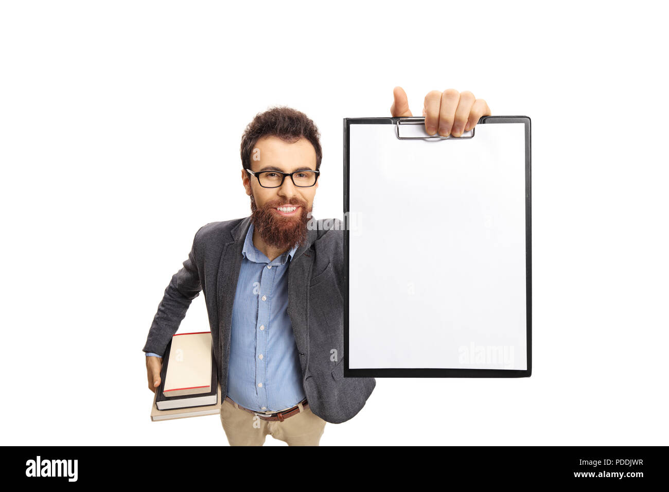 Professor showing a blank clipboard isolated on white background Stock ...