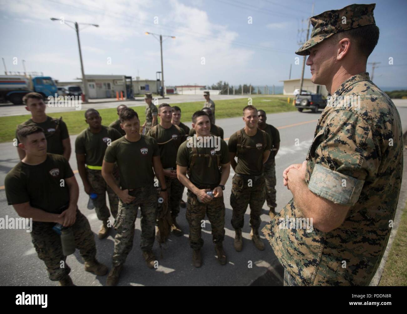 Sgt. Brent Hawkins addresses Marines May 18, 2018 on Camp Schwab ...