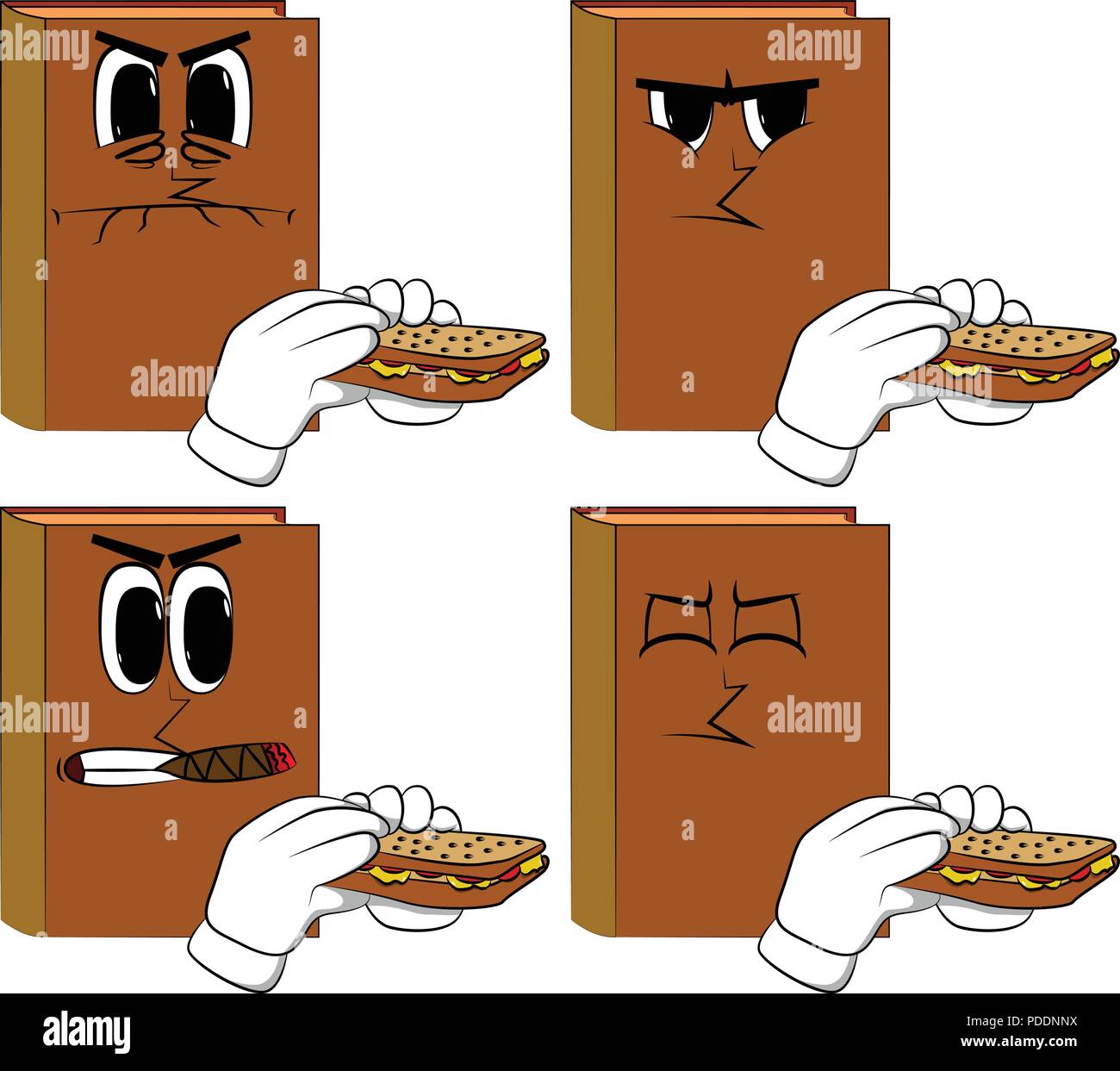 Books eating a sandwich. Cartoon book collection with angry faces ...