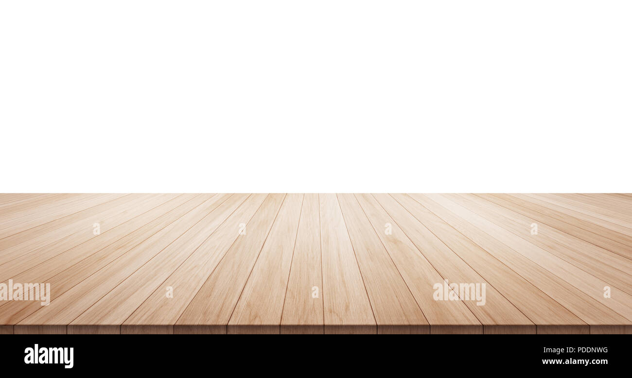 Empty wood table top isolated on white background for display or ...