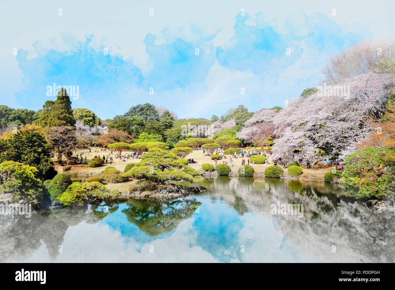 beautiful scenery with red leaf, blossom sakura, clear pond and bright ...