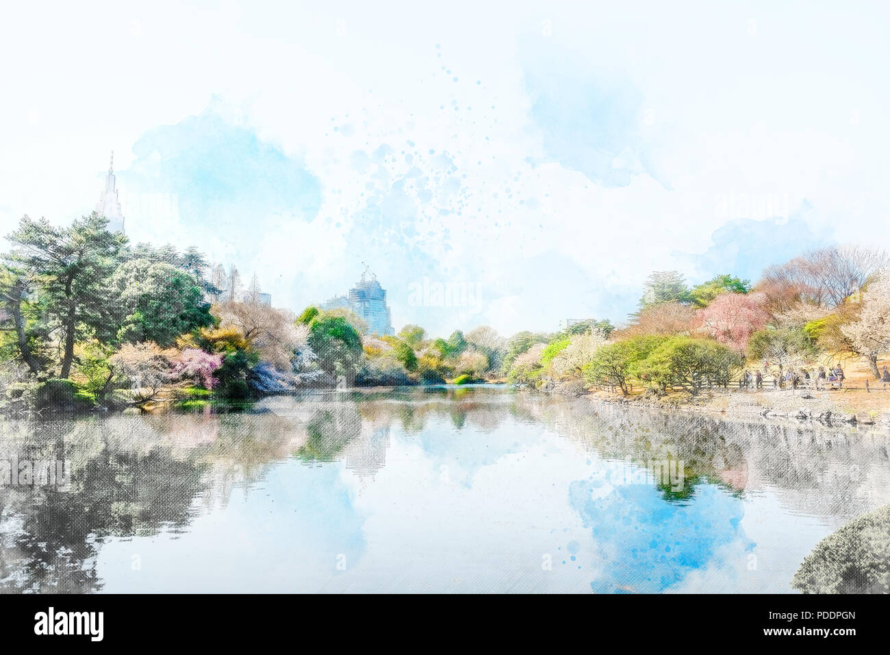 beautiful scenery with red leaf, blossom sakura, clear pond and bright ...