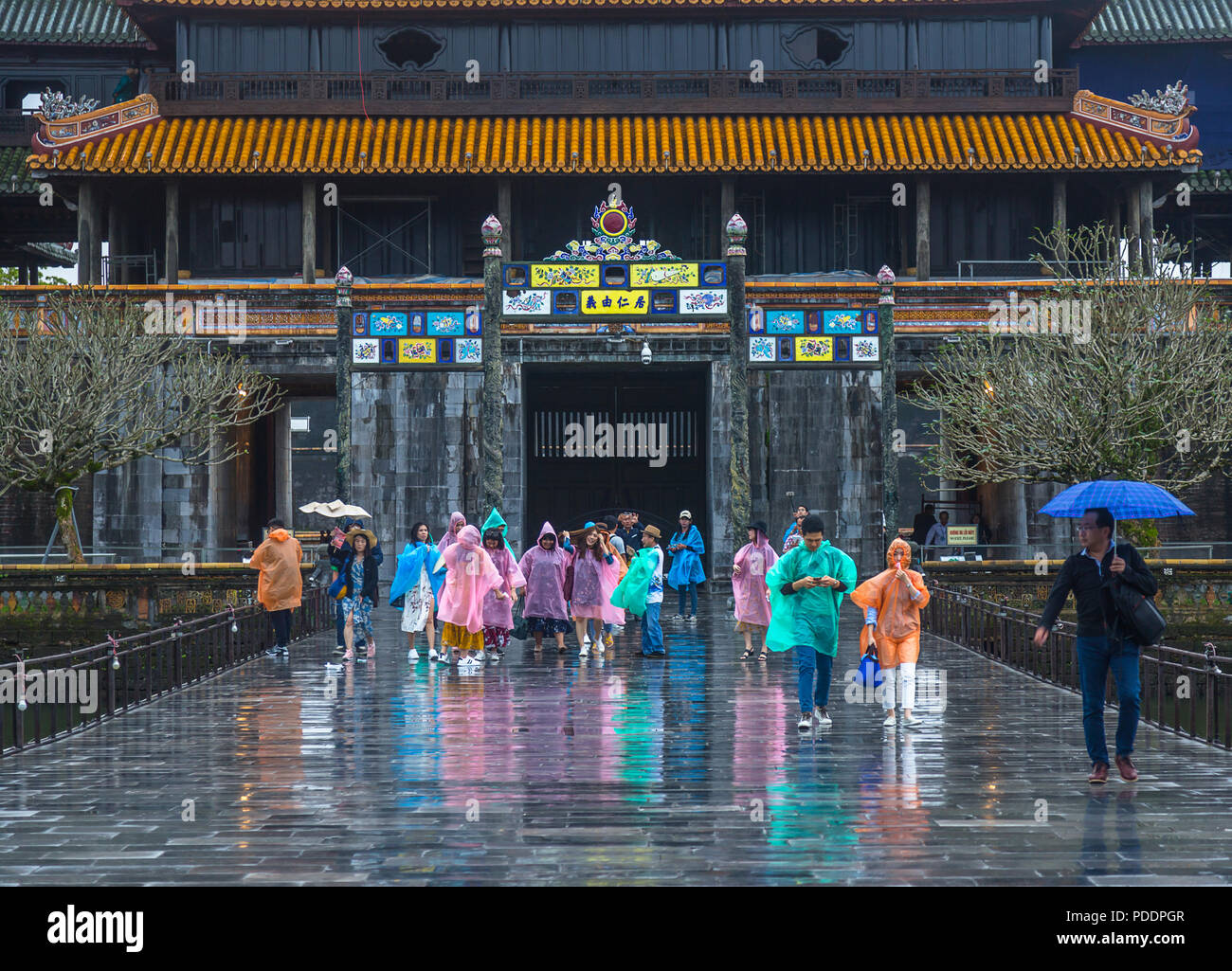 Hue Ancient city in the rain with Reflections of multi-colored rain ...