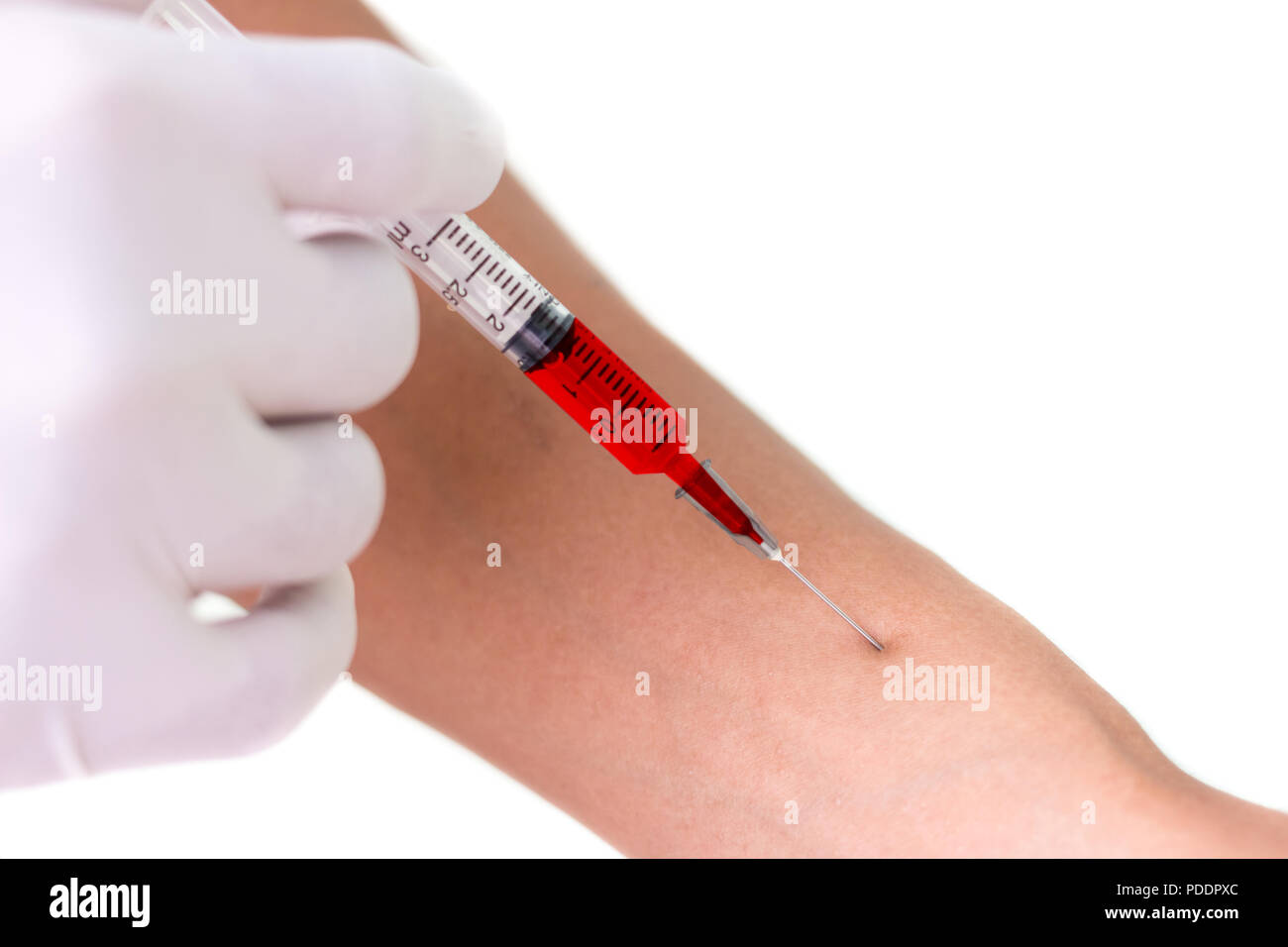 Doctor Injecting Patient With Syringe To Collect Blood On White ...