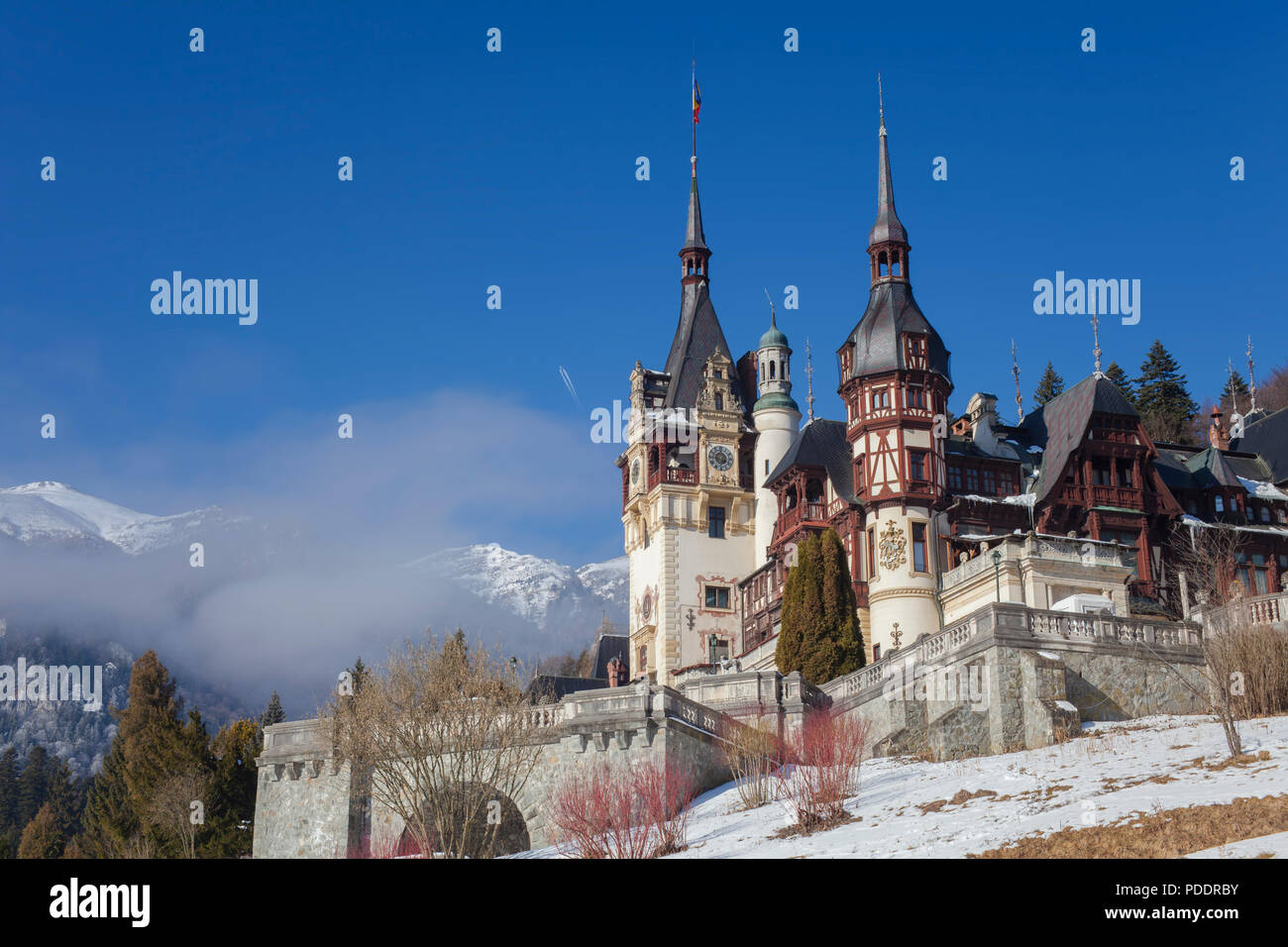 Peles castle in Sinaia, Romania, Winter scene Stock Photo - Alamy
