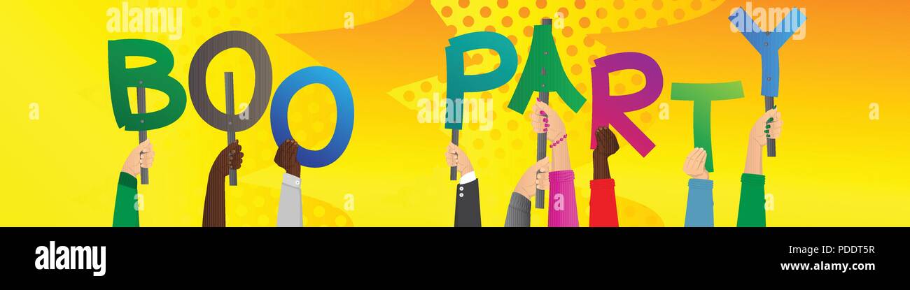 Diverse hands holding letters of the alphabet created the words Boo ...