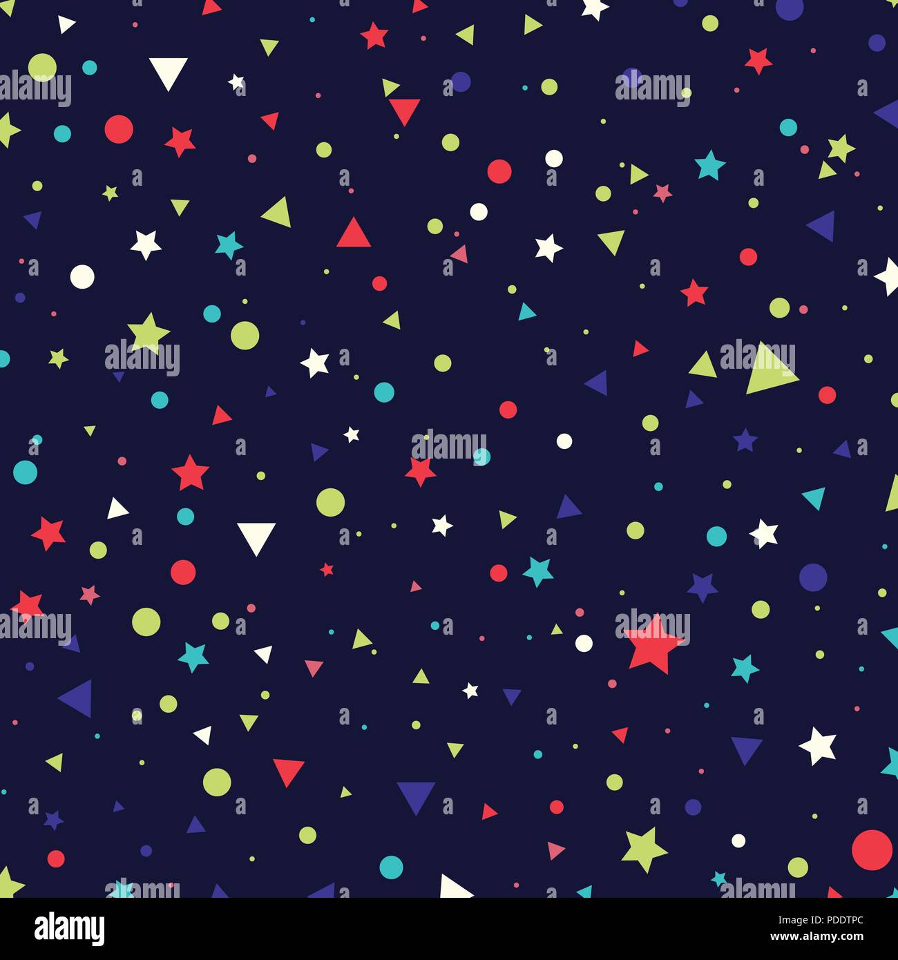 Abstract pattern colorful small circles, stars and triangles on blue ...