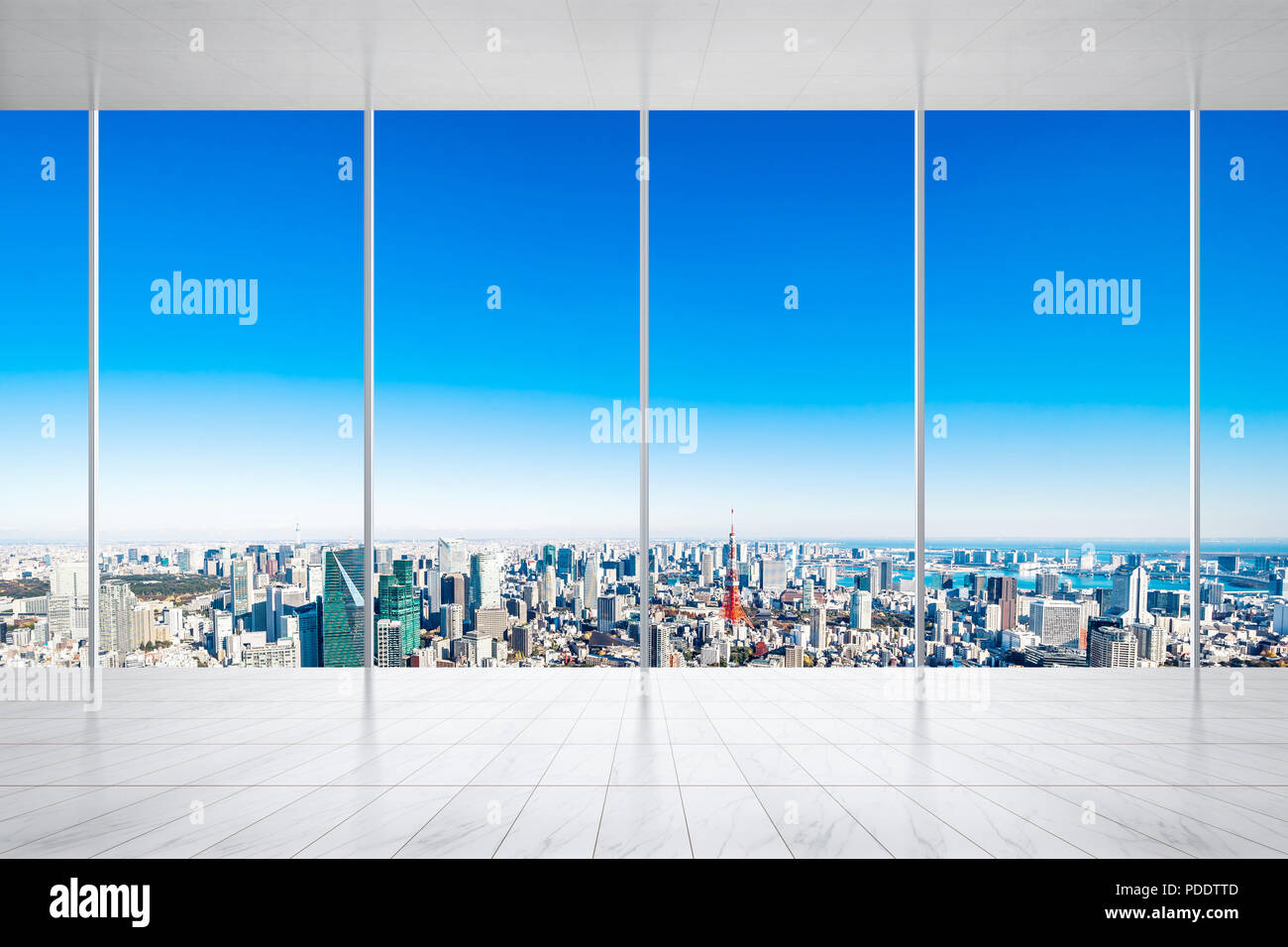 Business and design concept - empty marble floor and window with ...